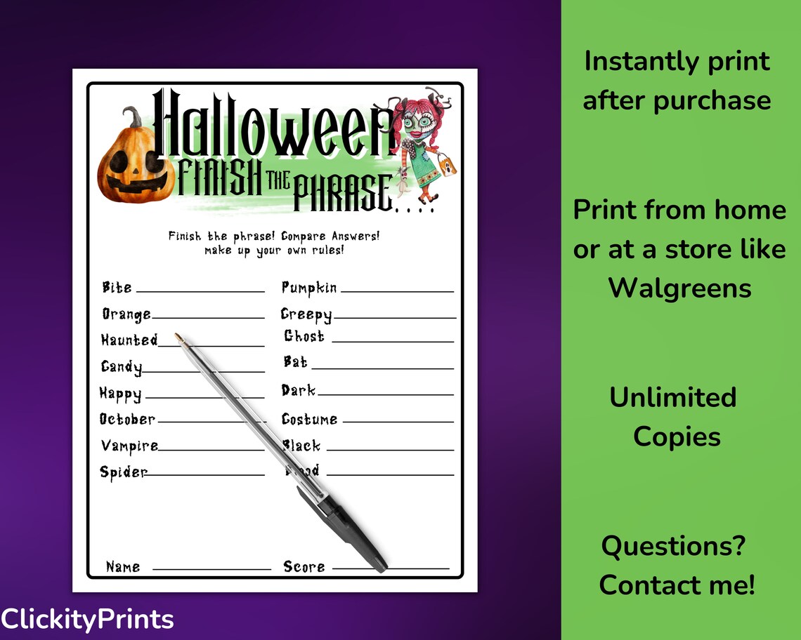 Halloween Finish the Phrase Game-halloween Party Game-spooky Party Game ...