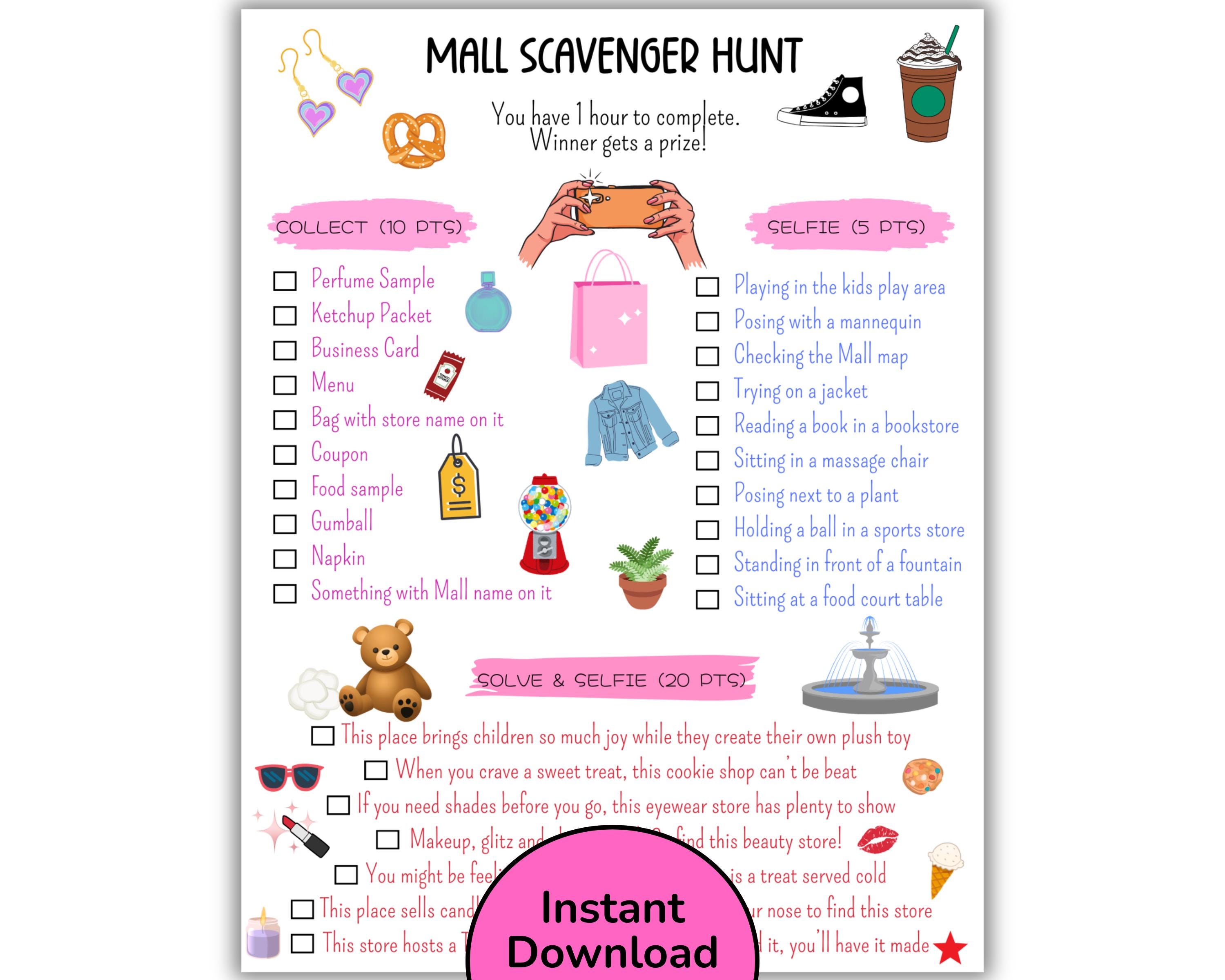 Shopping Mall Scavenger Hunt, Printable Mall Treasure Hunt Game ...
