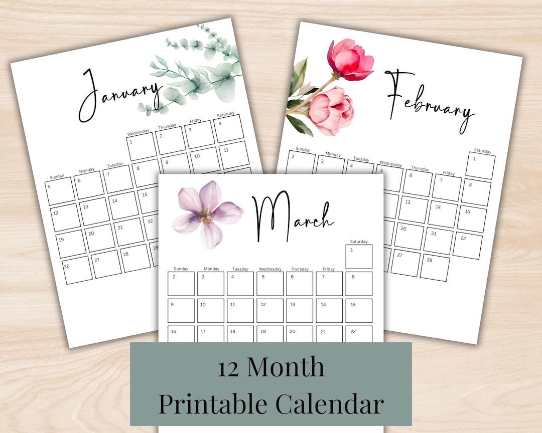 12 Month Pink Flowers Printable 2025 Calendar, Simple Floral Calendar ...