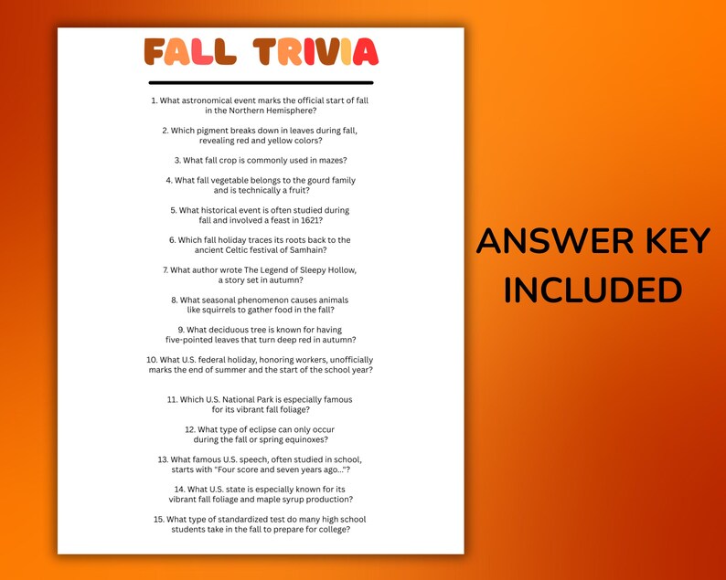 Printable Fall Trivia Game, Fall Game for Kids and Adults, Autumn ...