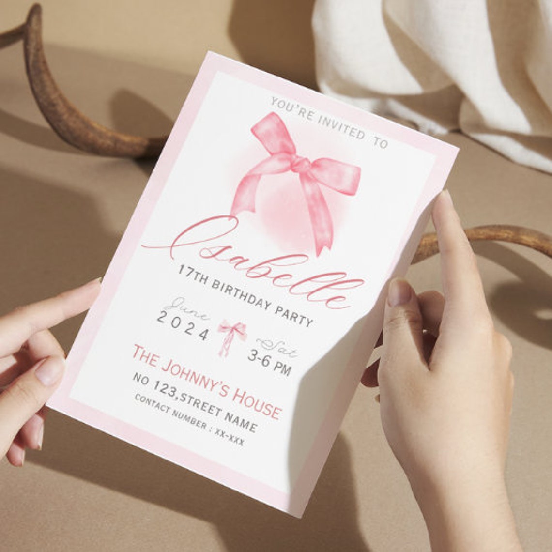 Editable Coquette Birthday Invitation Template |watercolor Pink Bow ...