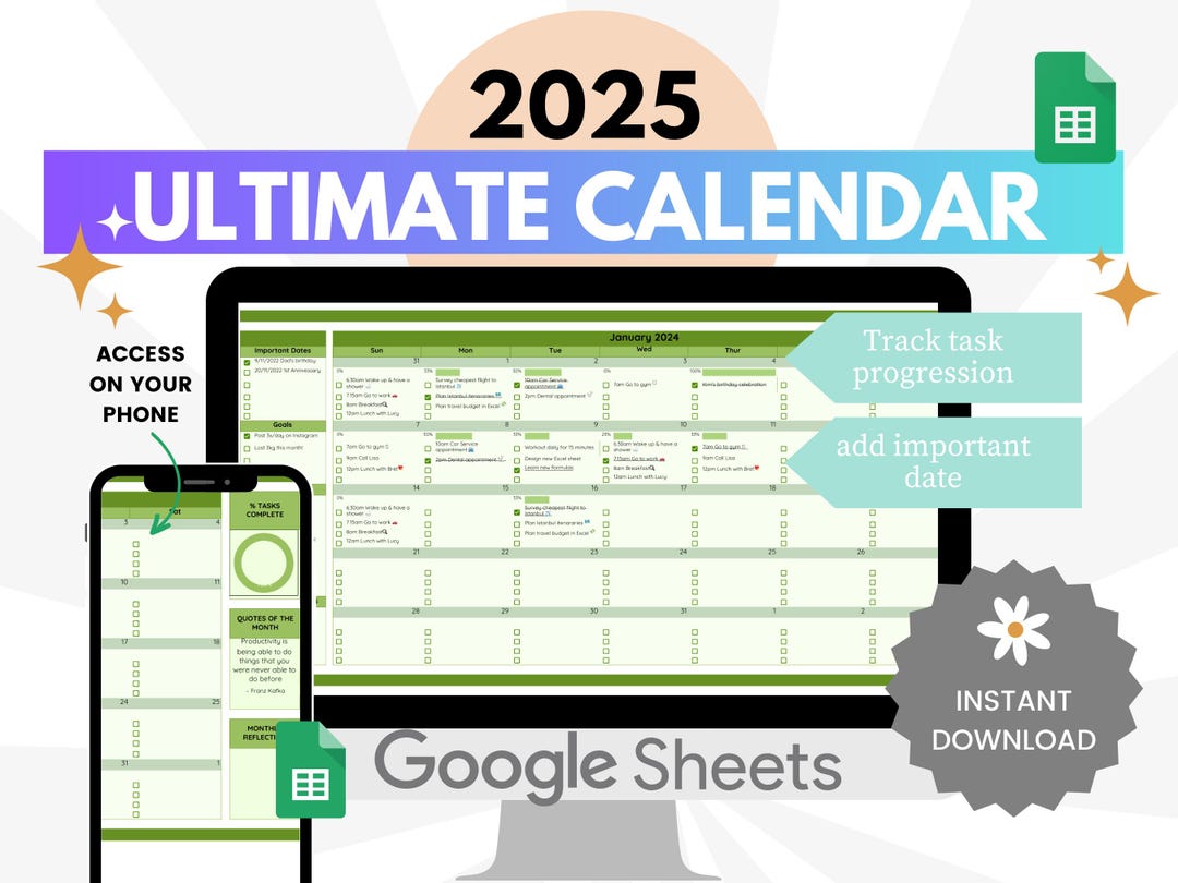 2025 Monthly Google Sheet Calendar, Digital Calendar, Spreadsheet ...