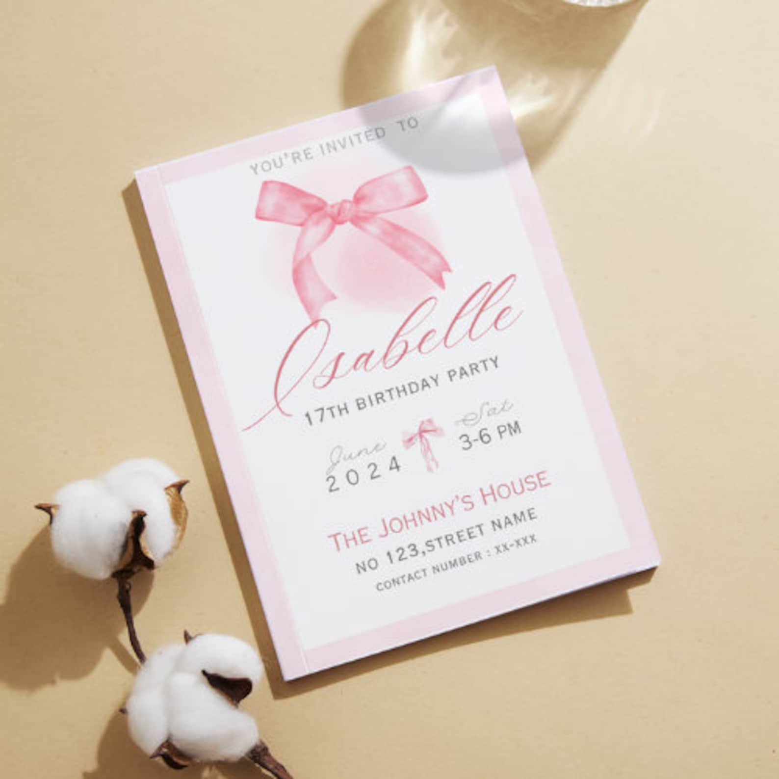 Editable Coquette Birthday Invitation Template |watercolor Pink Bow ...