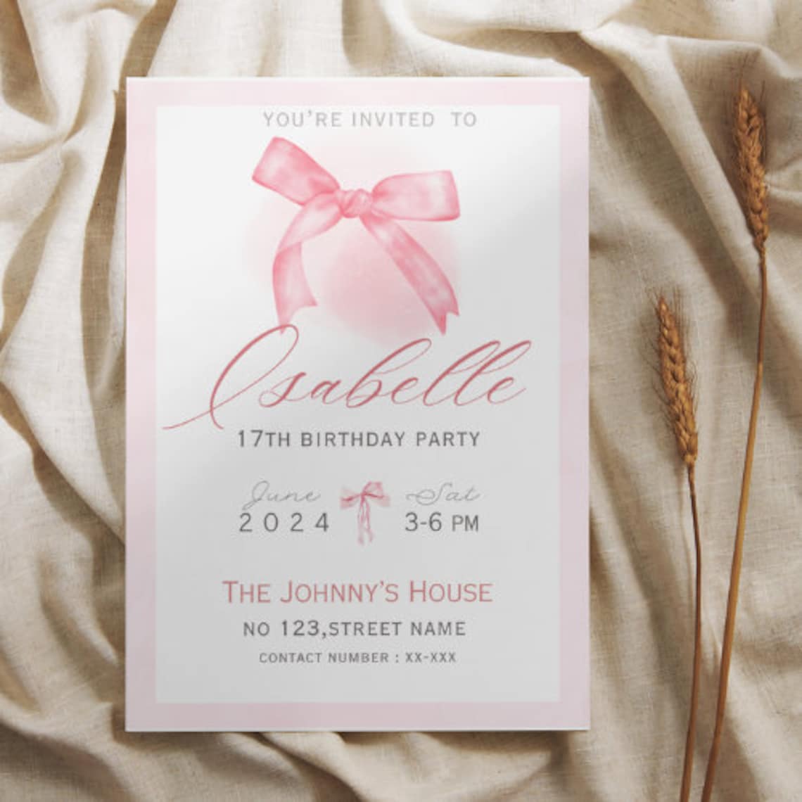 Editable Coquette Aesthetic Invitation Template watercolor Pink Bow ...