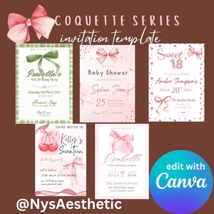 Editable Coquette Birthday Invitation Template |watercolor Pink Bow ...
