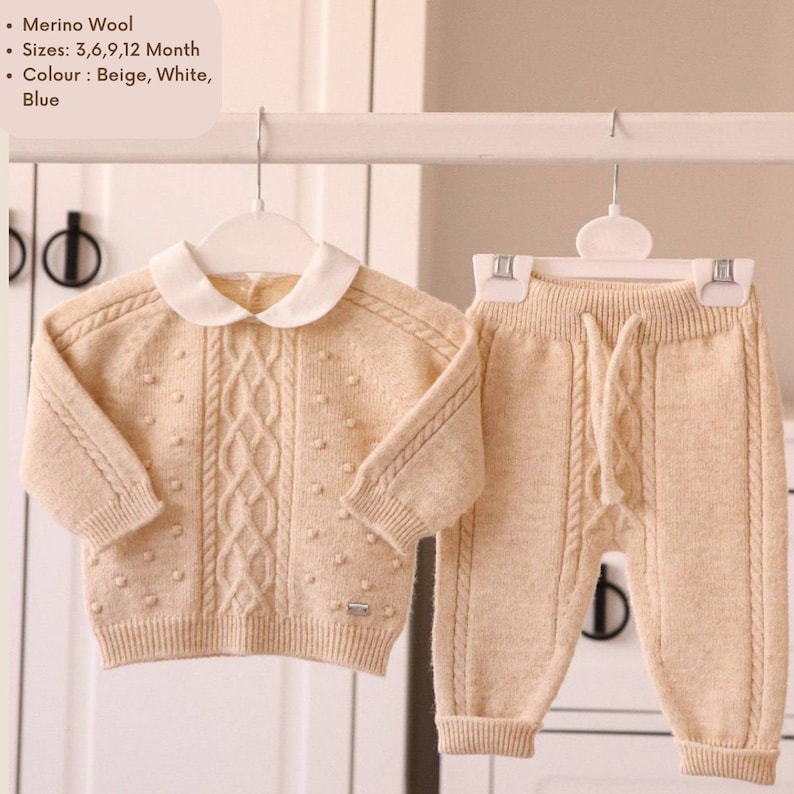 Merino Wool Knitted Baby Clothing Set With Baby Sweater and Pants ...