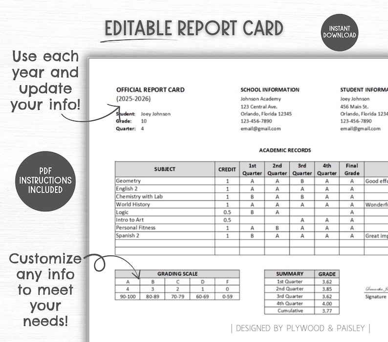 Editable Report Card, Homeschool Report Card, High School Report Card ...