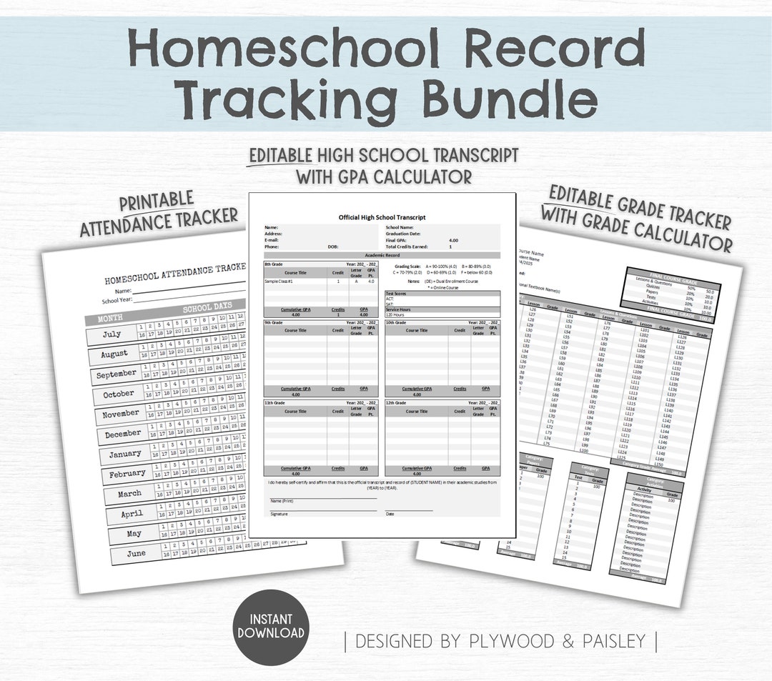 Homeschool Transcript, Grade Tracker, & Attendance Bundle | Editable ...