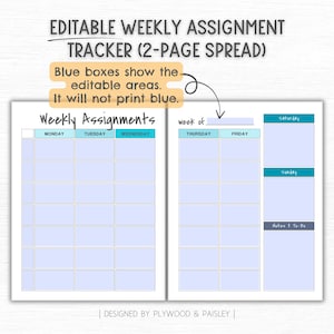 EDITABLE Weekly Assignment Tracker, 2 Pages, Printable, Homeschool Planner, Middle School, High ...