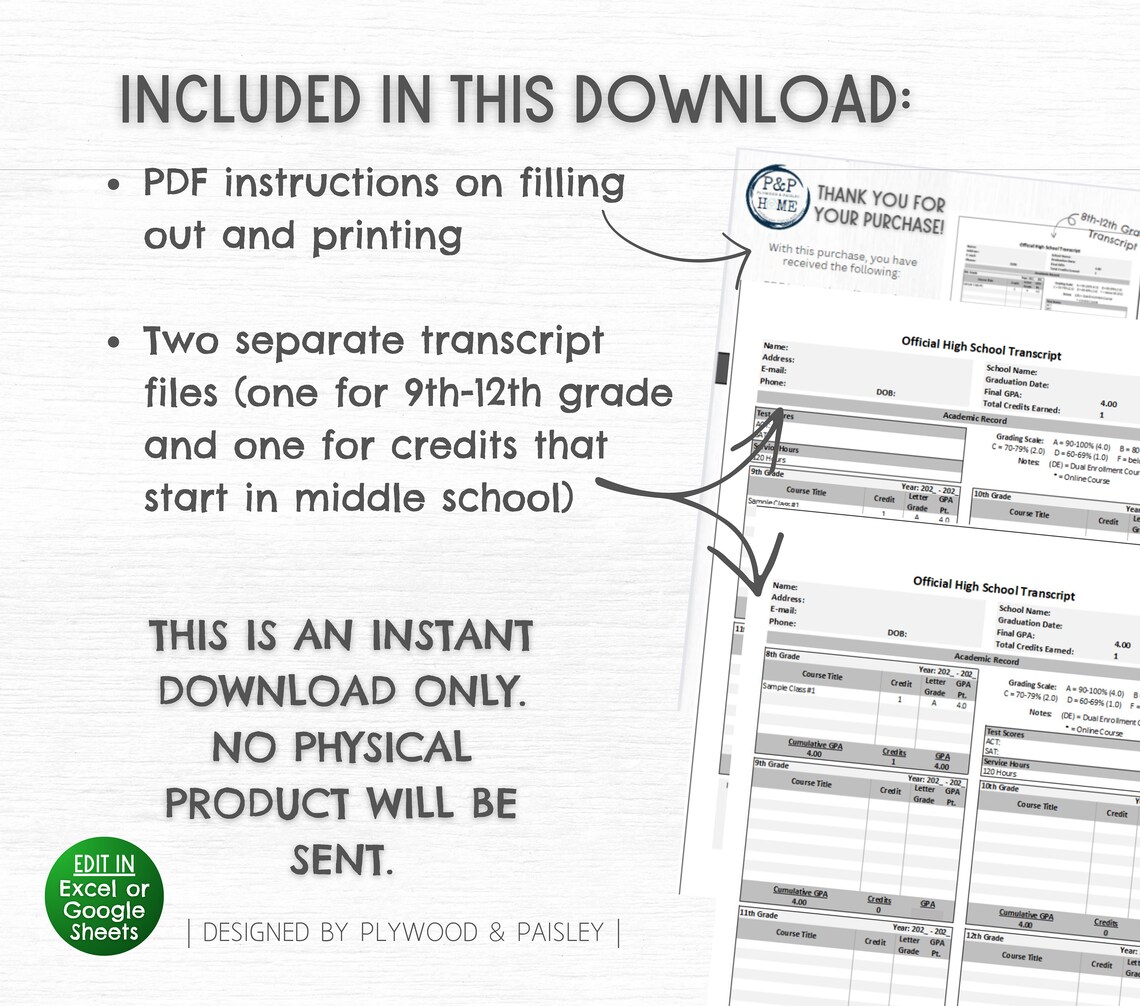 Editable High School Transcript Template, GPA Calculator, 2 Options ...