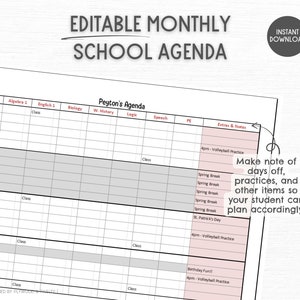 Editable 2024-2025 School Monthly Agenda printable School Planner ...