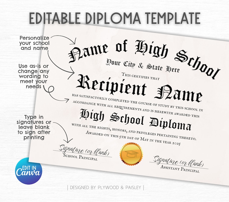 High School Diploma, Homeschool Diploma, Editable Diploma Template, GED ...