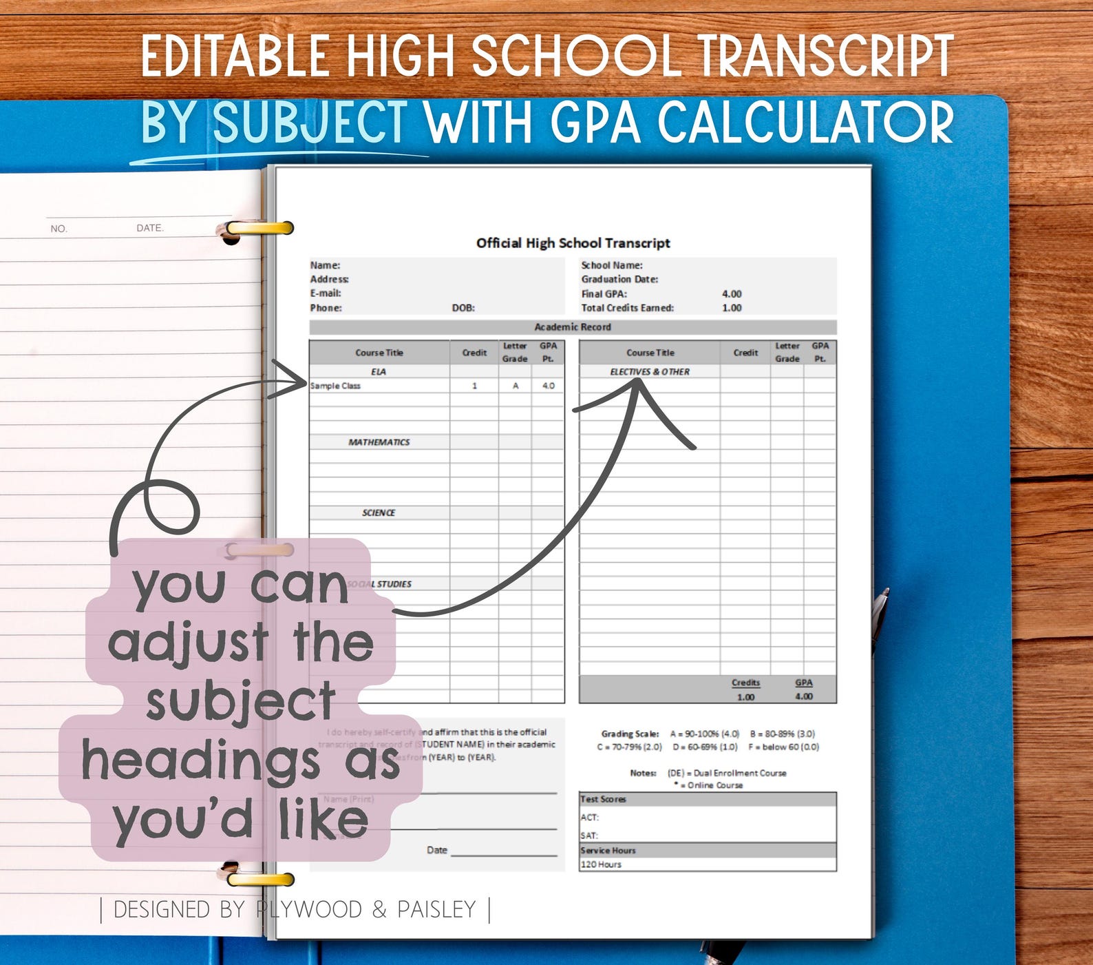 Editable High School Transcript Template BY SUBJECT, GPA Calculator ...