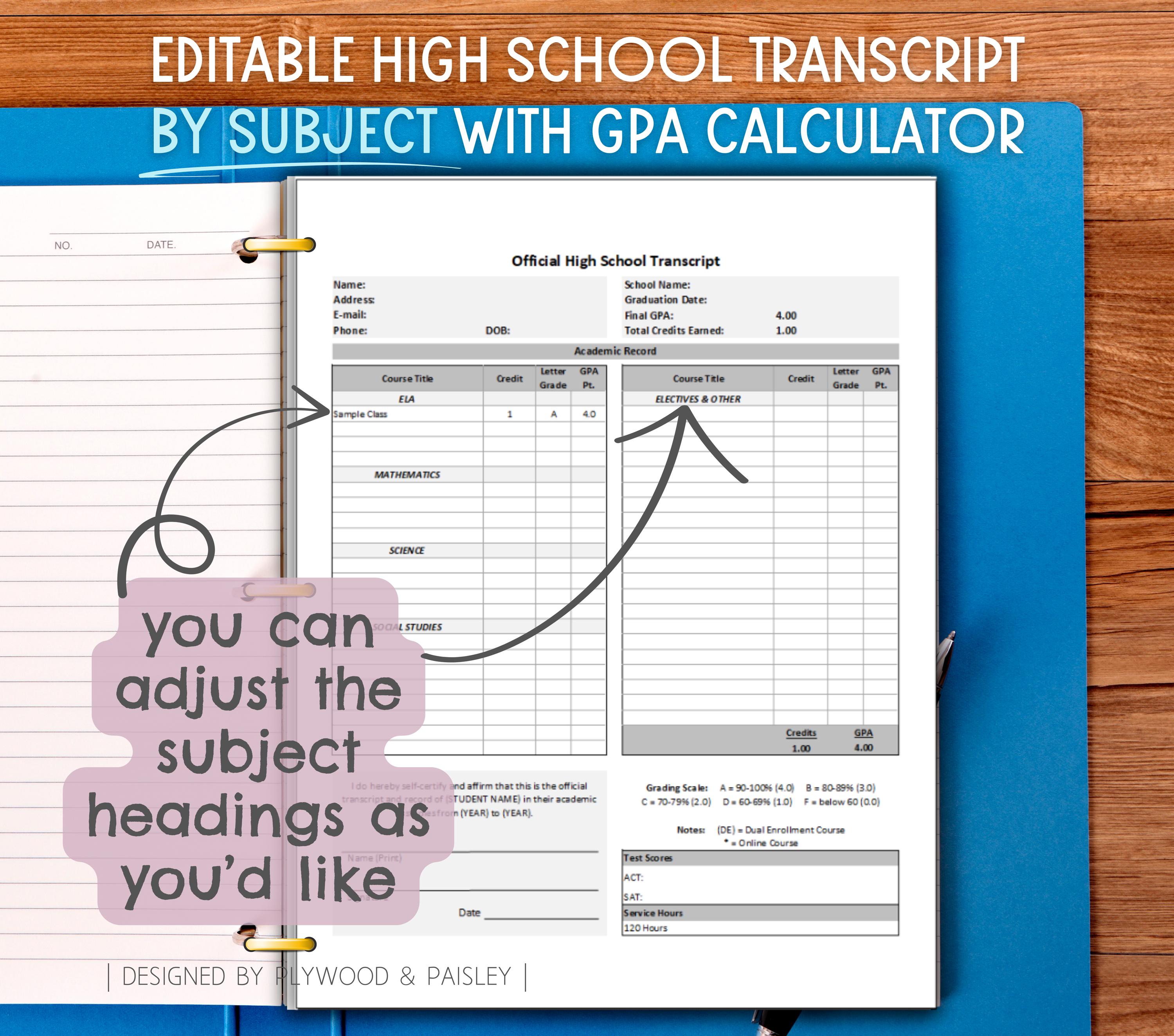 Editable High School Transcript Template BY SUBJECT, GPA Calculator ...