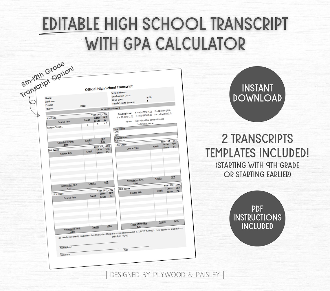 Editable High School Transcript Template, GPA Calculator, 2 Options ...