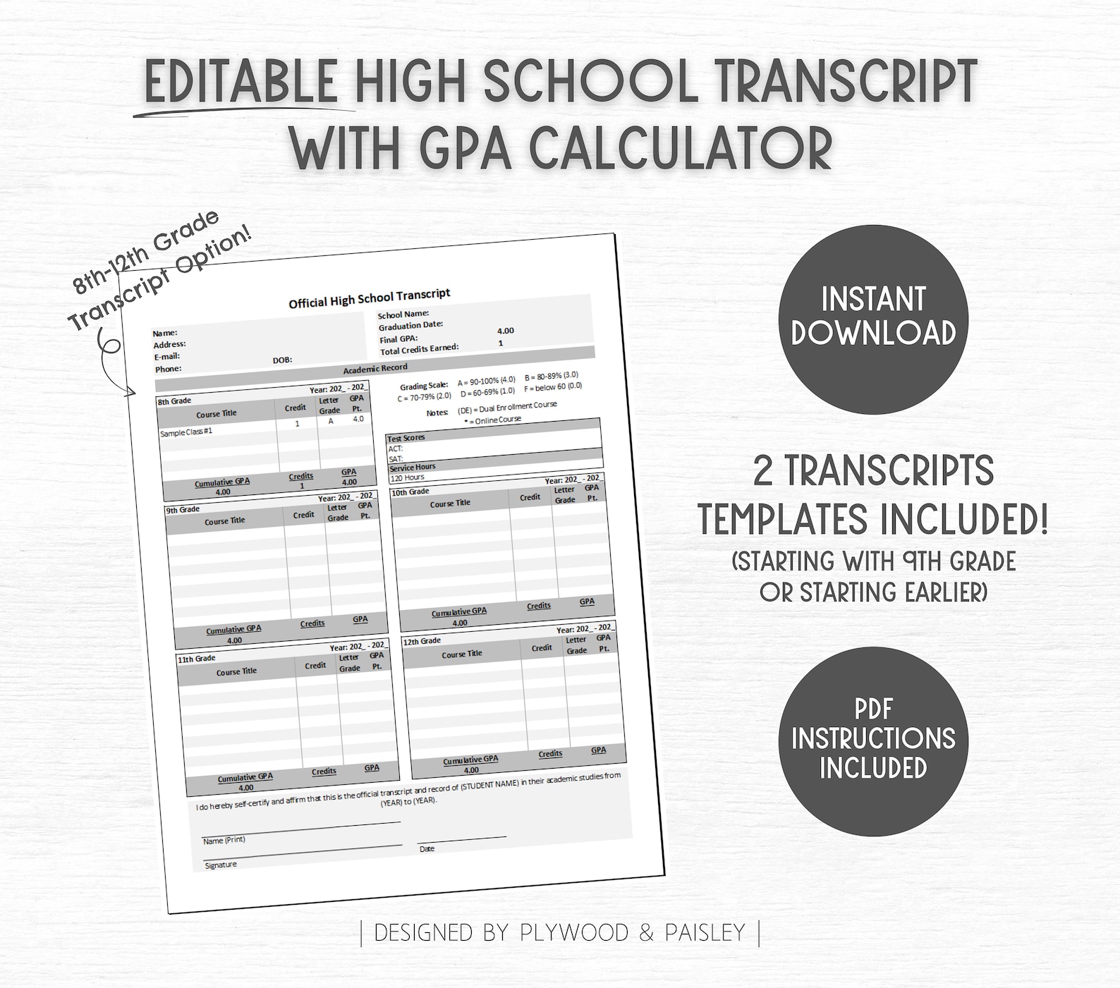 Editable High School Transcript Template, GPA Calculator, 2 Options ...