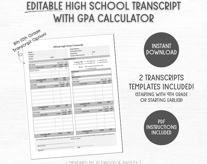 Editable High School Transcript Template, GPA Calculator, 2 Options ...
