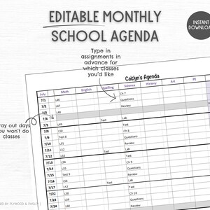 Editable 2024-2025 School Monthly Agenda printable School Planner ...