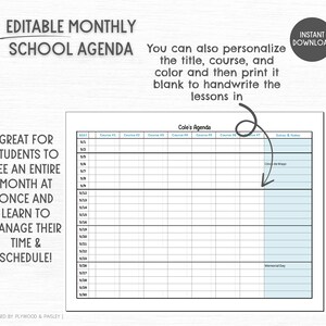 Editable 2024-2025 School Monthly Agenda printable School Planner ...