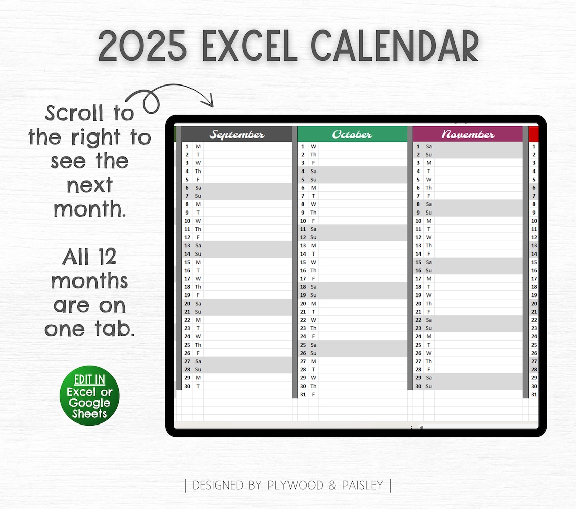2025 Excel Calendar | Monthly Calendar | 2025 Year Planner | 2025 ...
