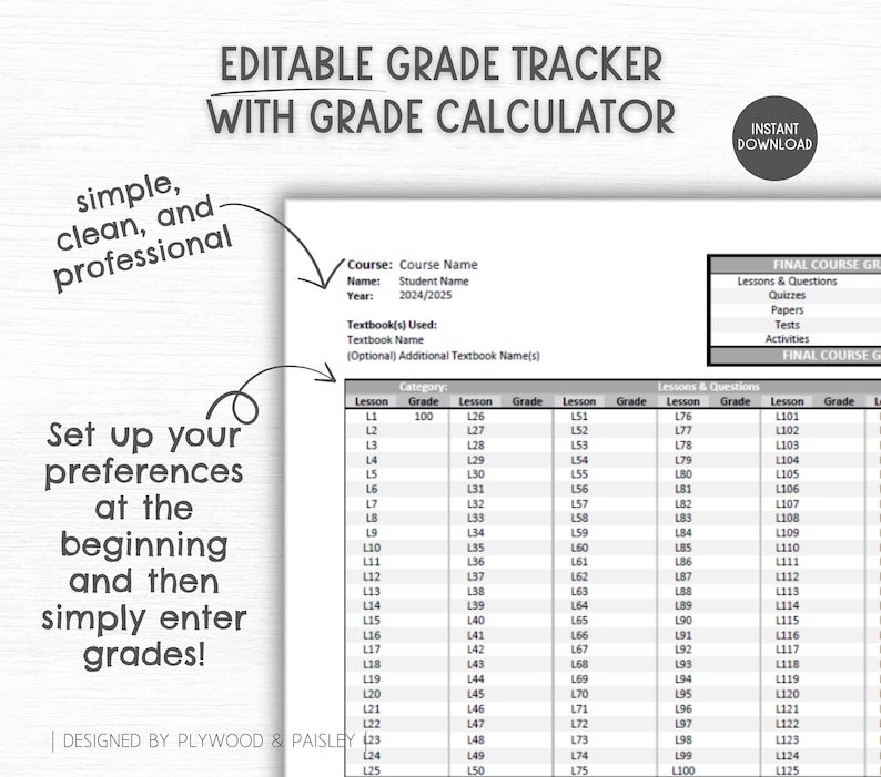 Editable Grade Tracker, Excel Spreadsheet, Academic Planner, Homeschool ...