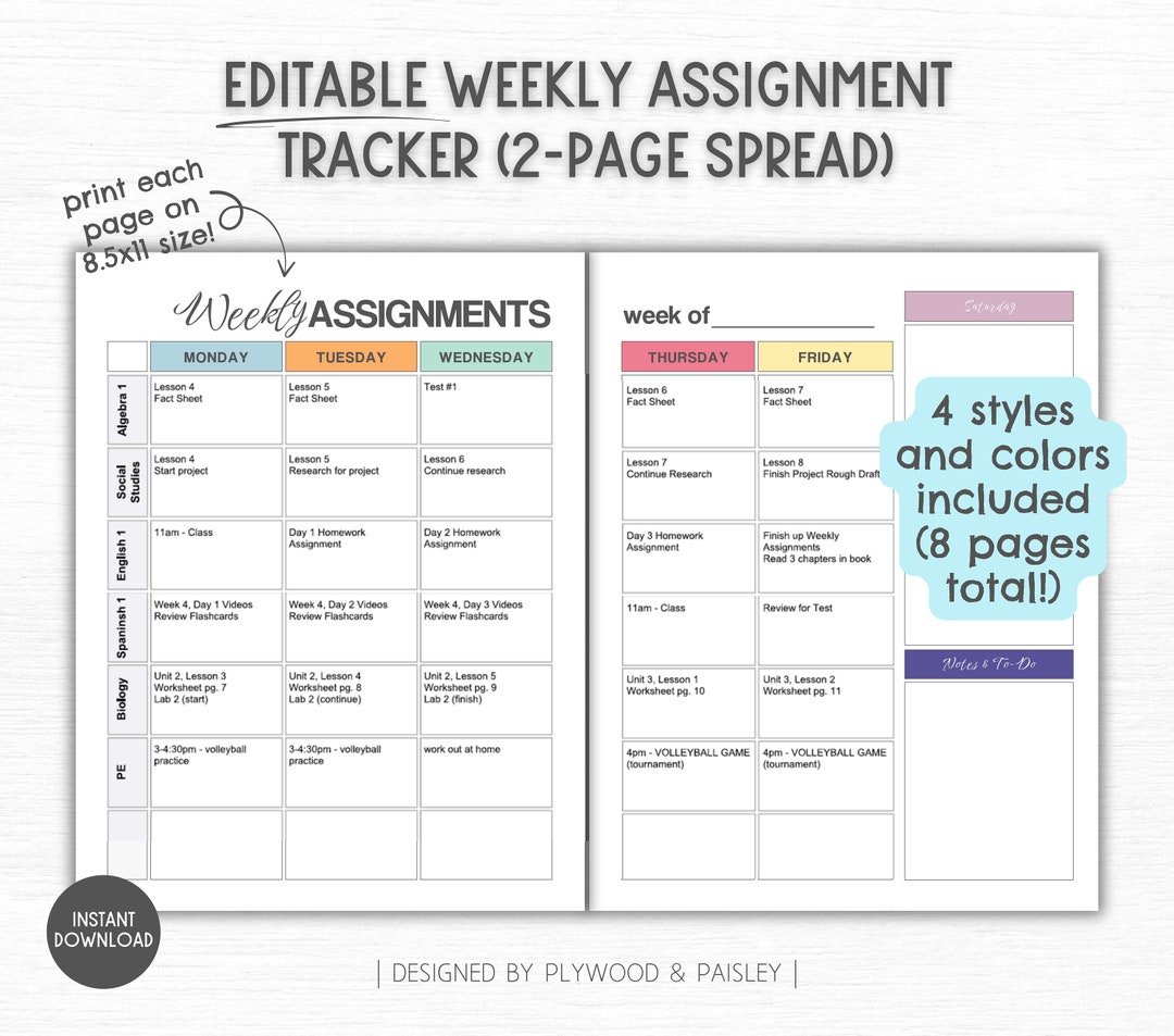 EDITABLE Weekly Assignment Tracker, 2 Pages, Printable, Homeschool ...