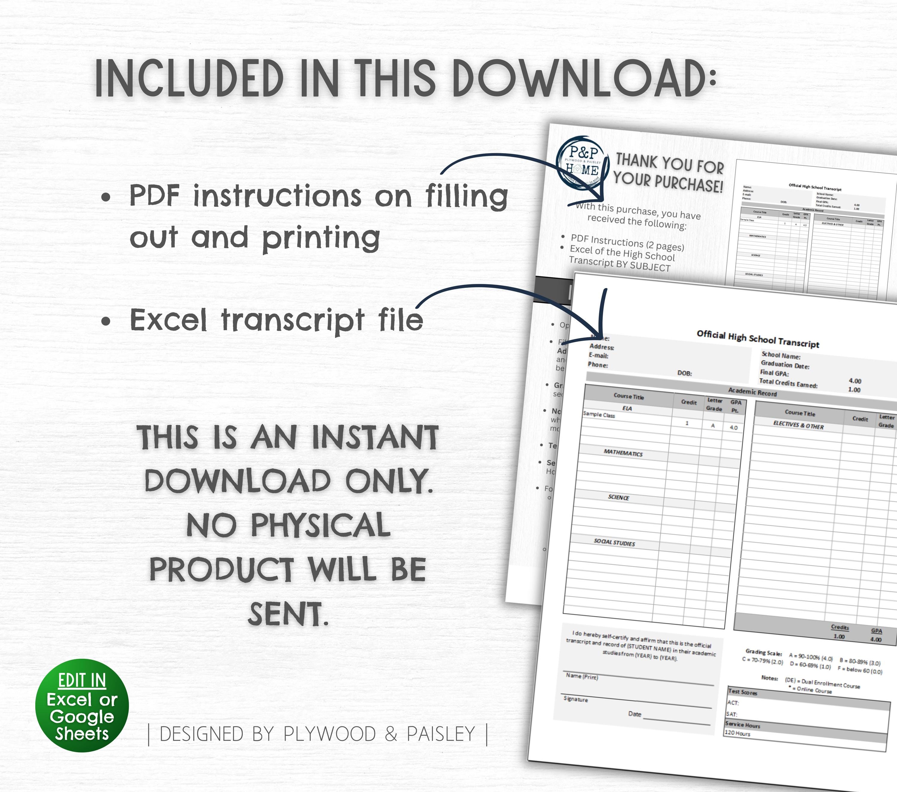 Editable High School Transcript Template BY SUBJECT, GPA Calculator ...