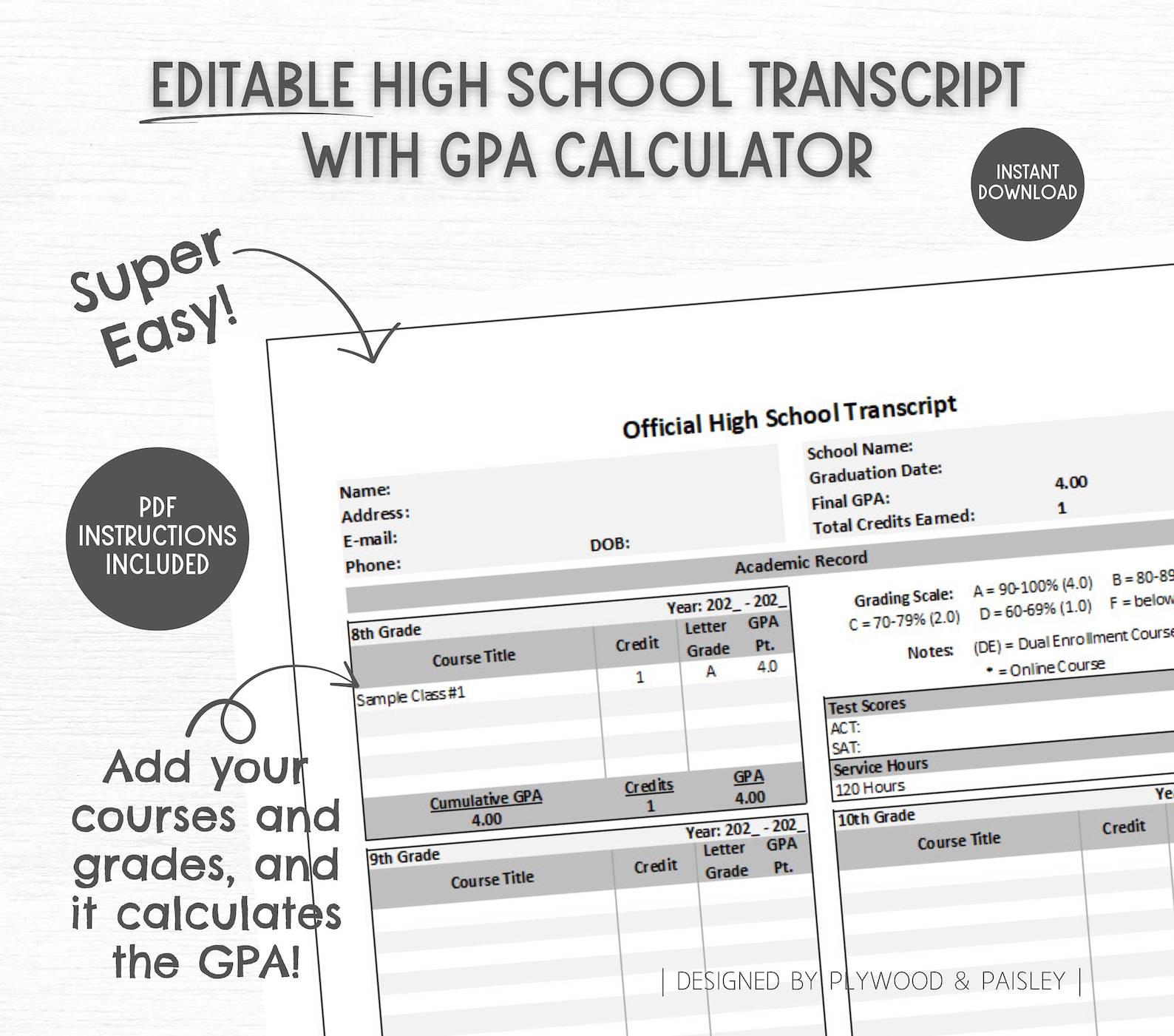Editable High School Transcript Template, GPA Calculator, 2 Options ...