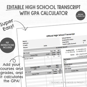 Editable High School Transcript Template, GPA Calculator, 2 Options ...