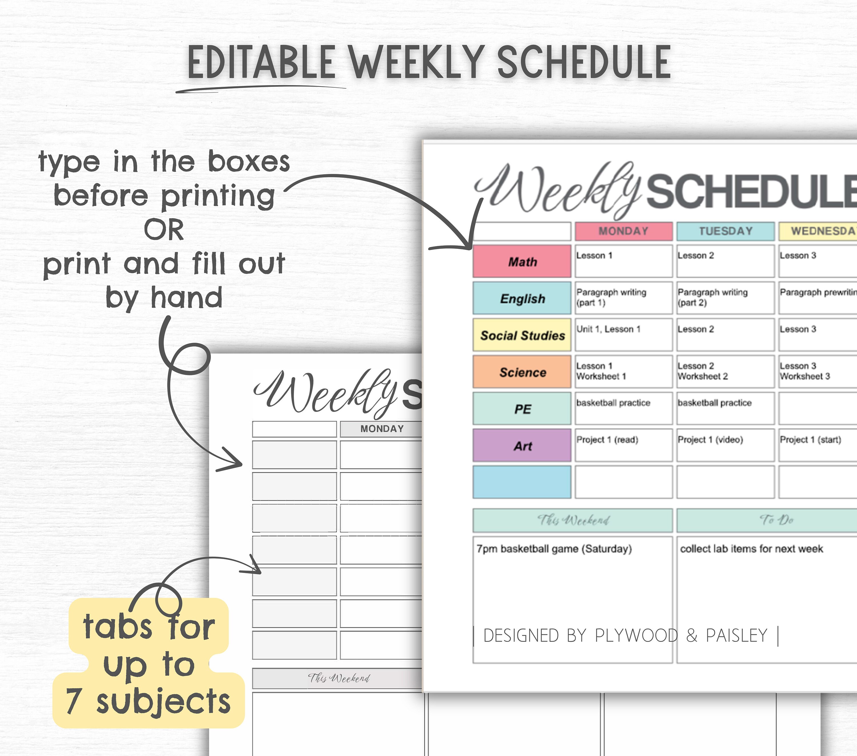 EDITABLE Weekly Schedule, Assignment Planner, Printable, Homeschool ...