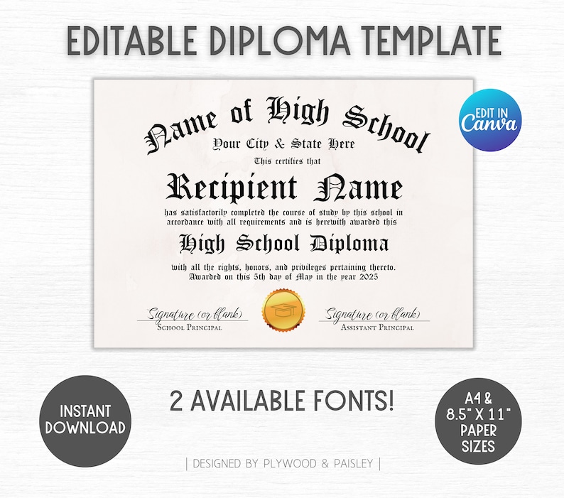 High School Diploma, Homeschool Diploma, Editable Diploma Template, GED ...