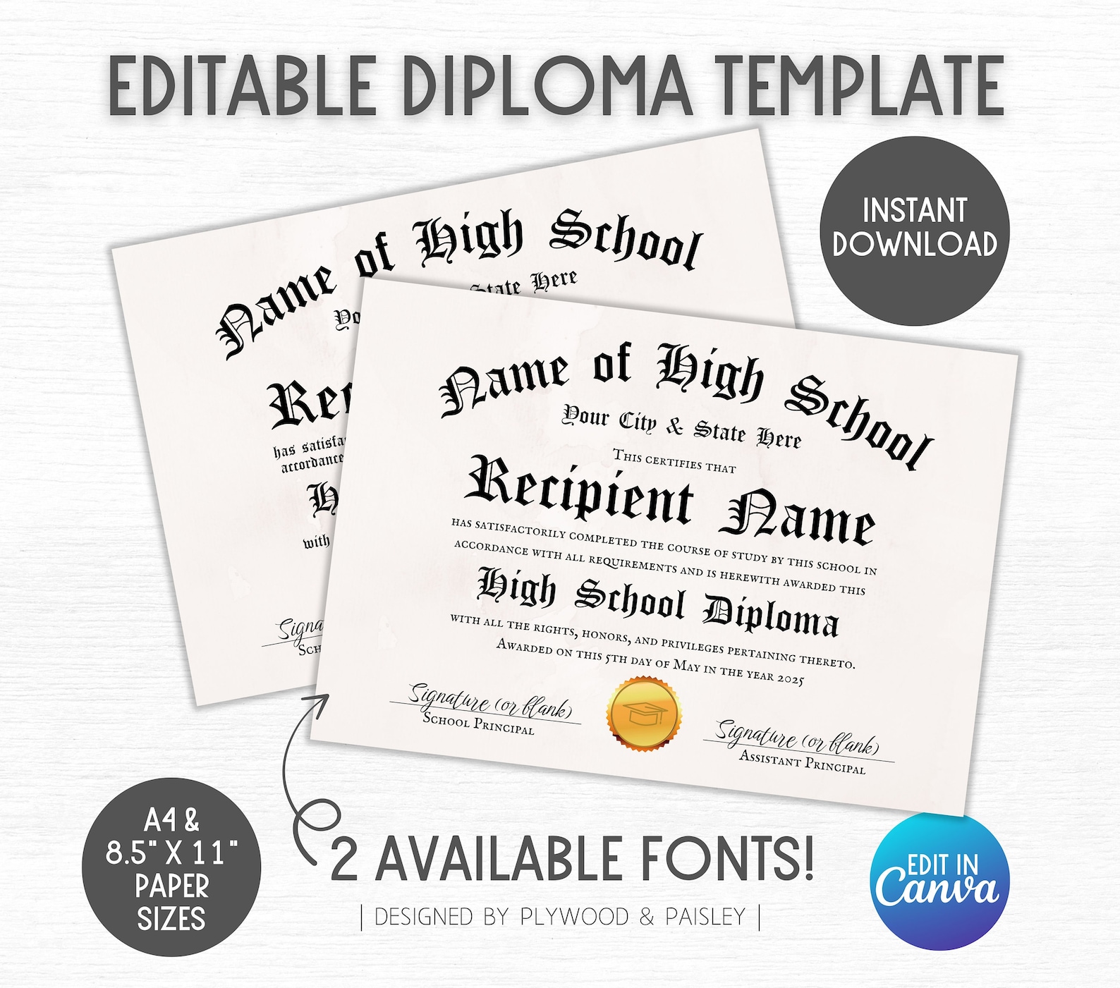 High School Diploma, Homeschool Diploma, Editable Diploma Template, GED ...