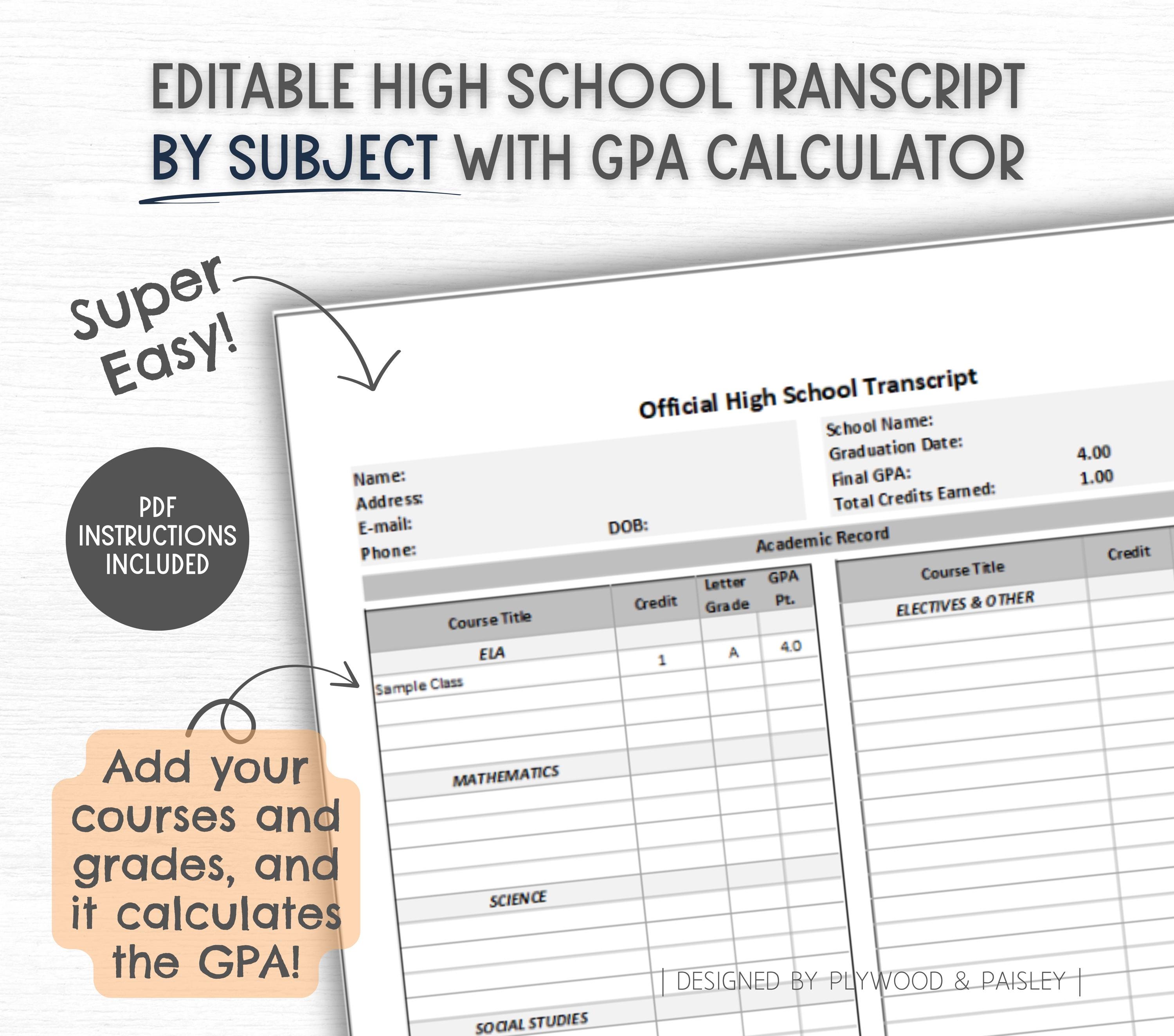 Editable High School Transcript Template BY SUBJECT, GPA Calculator ...