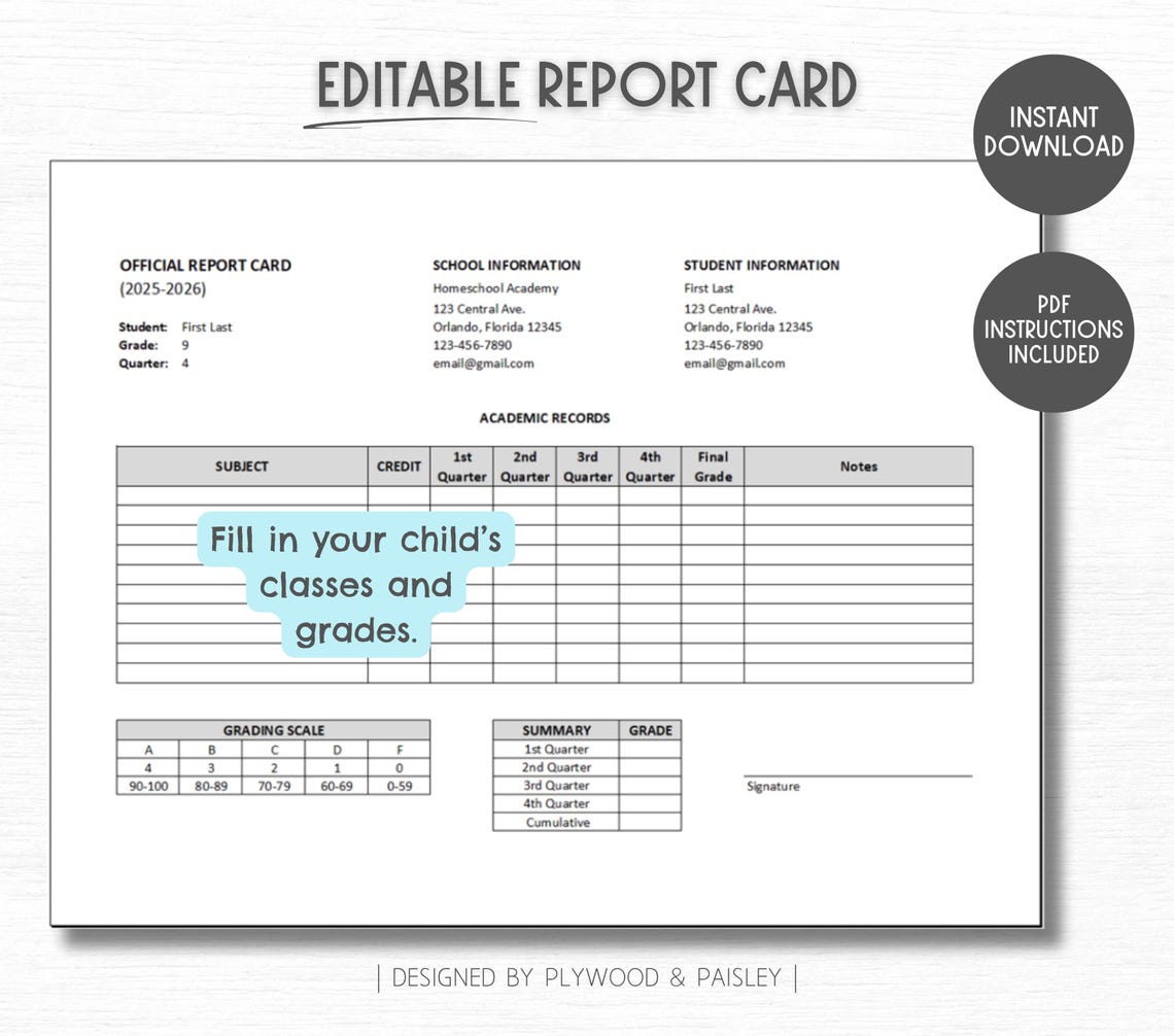 Editable Report Card, Homeschool Report Card, High School Report Card ...