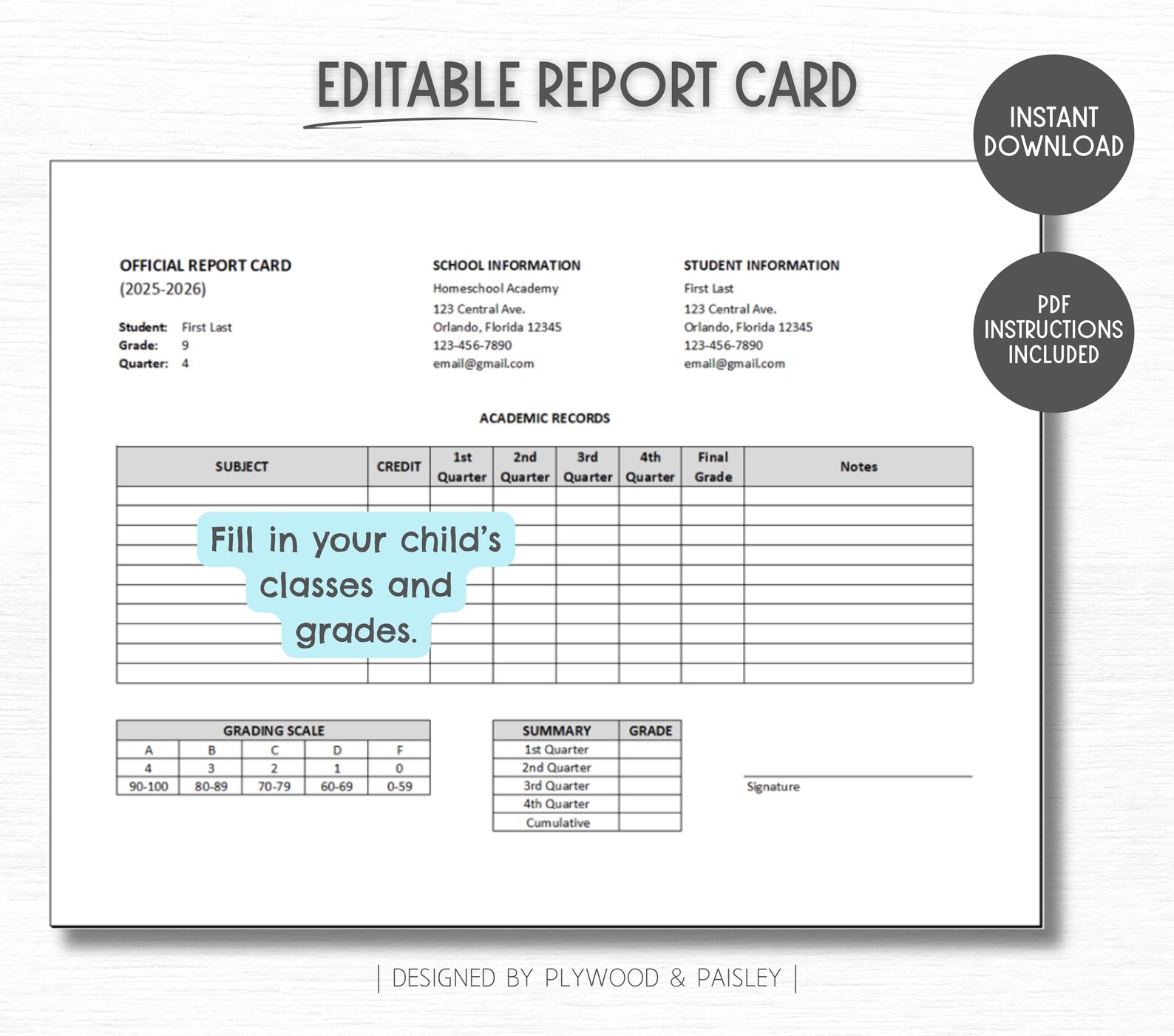 Editable Report Card, Homeschool Report Card, High School Report Card ...