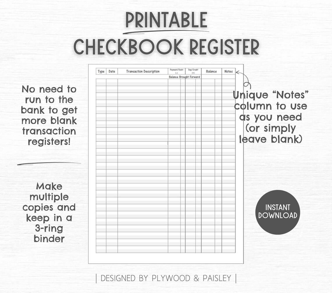 PRINTABLE Checkbook Register, PDF File, 8.5 X 11", Letter Size ...