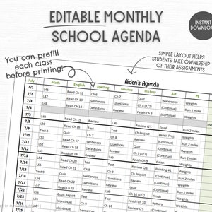 Editable 2024-2025 School Monthly Agenda printable School Planner ...