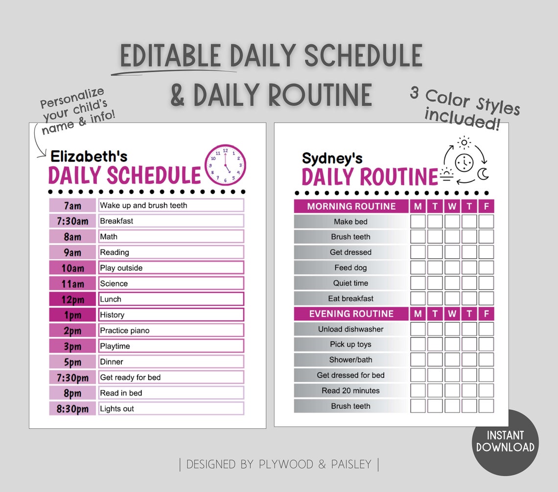 EDITABLE Daily Schedule & Daily Routine Templates (PRINTABLE ...