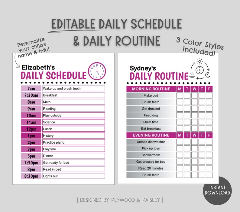 EDITABLE Daily Schedule & Daily Routine Templates (PRINTABLE ...