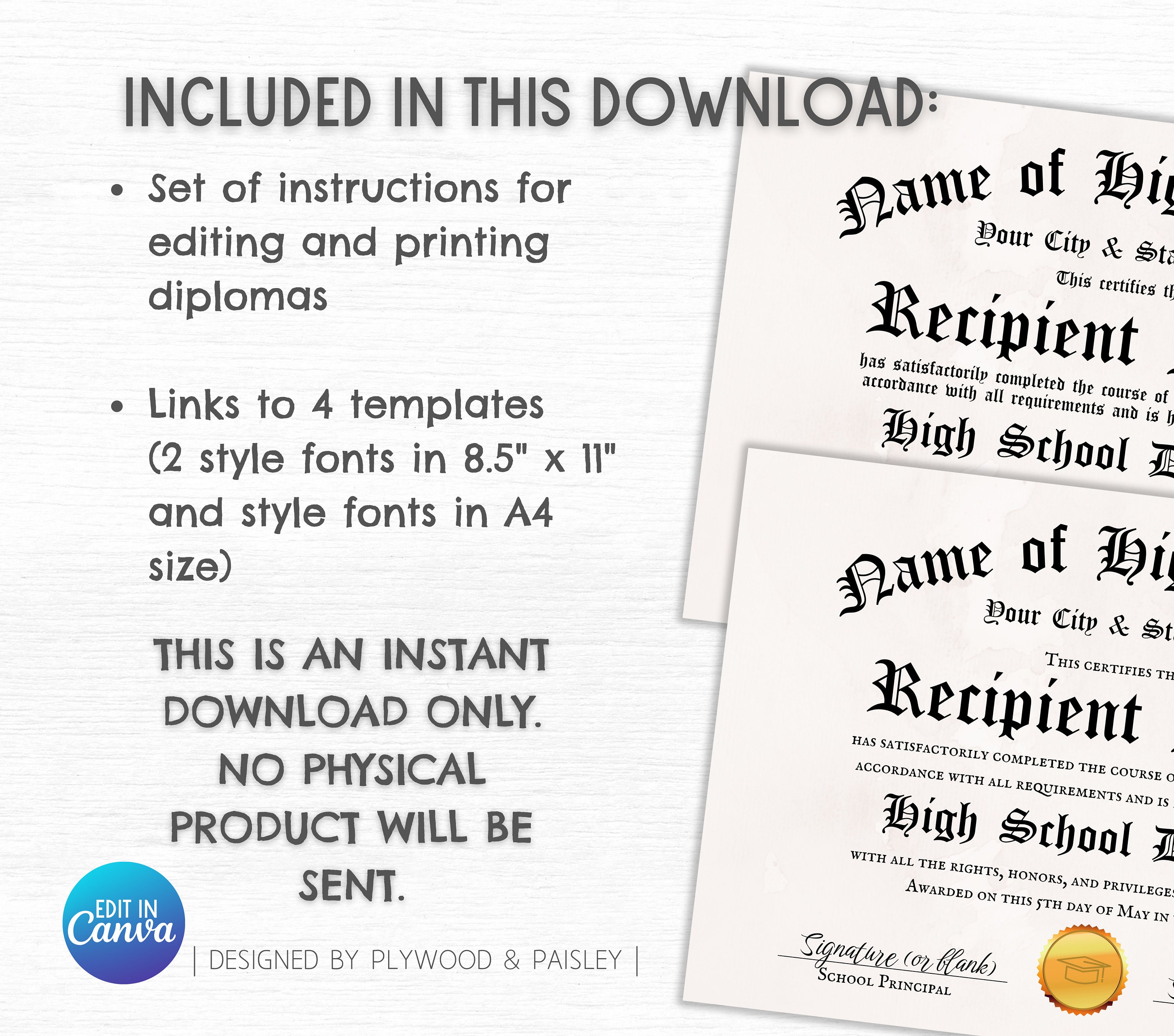 High School Diploma, Homeschool Diploma, Editable Diploma Template, GED ...