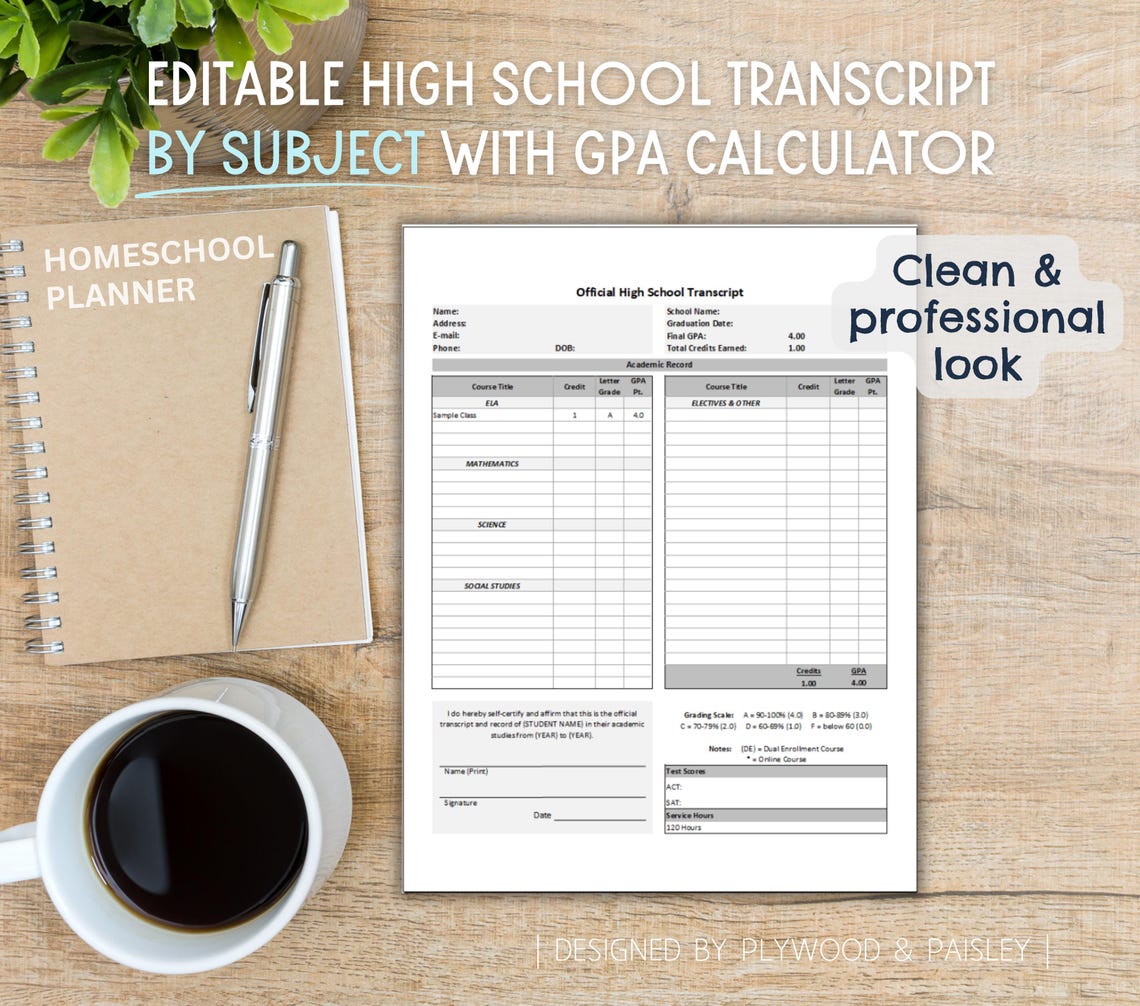 Editable High School Transcript Template BY SUBJECT, GPA Calculator ...