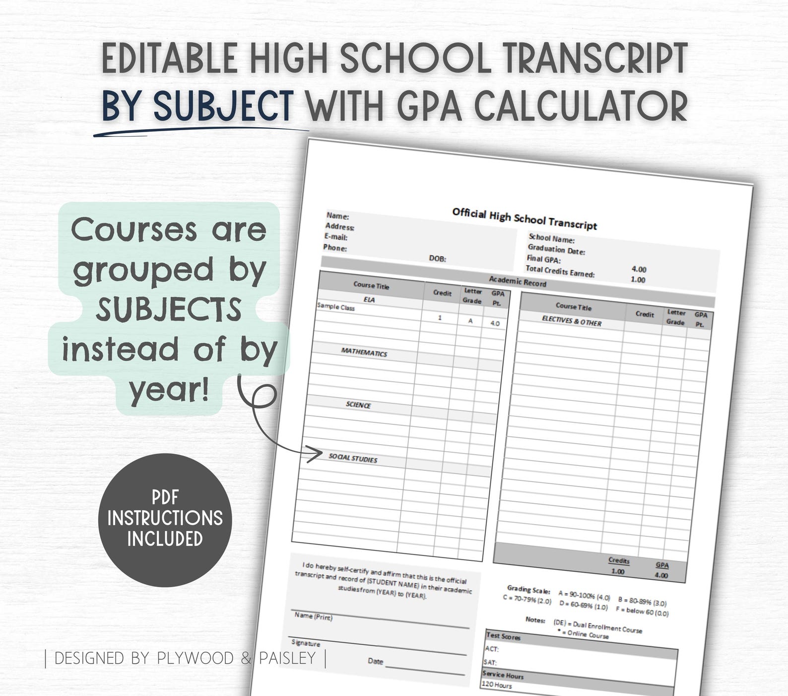 Editable High School Transcript Template BY SUBJECT, GPA Calculator ...
