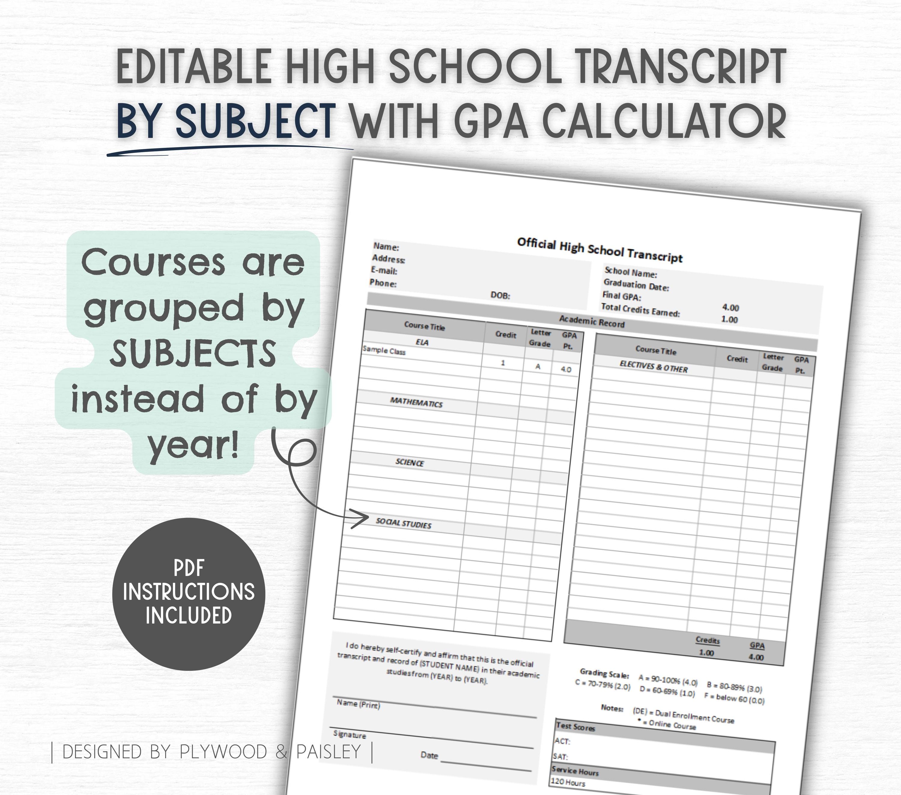 Editable High School Transcript Template BY SUBJECT, GPA Calculator ...