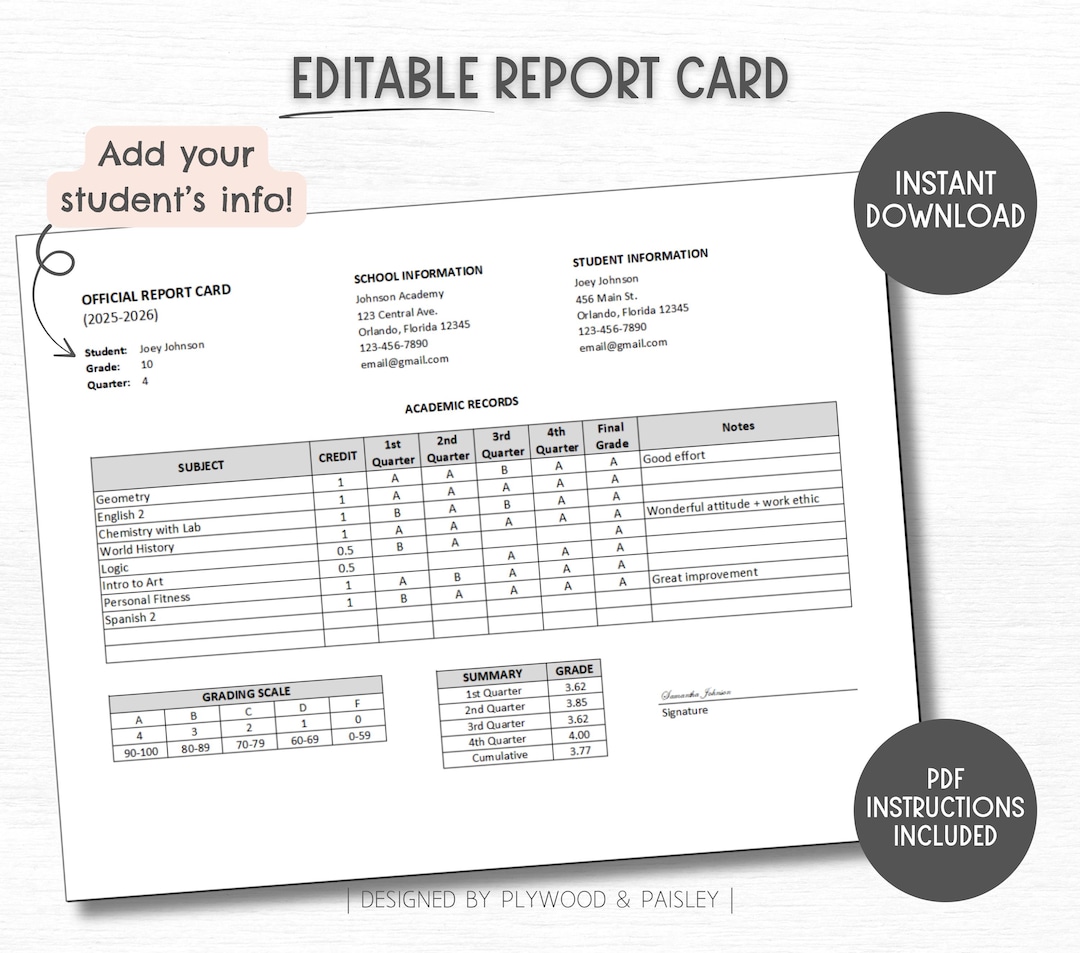 Editable Report Card, Homeschool Report Card, High School Report Card ...