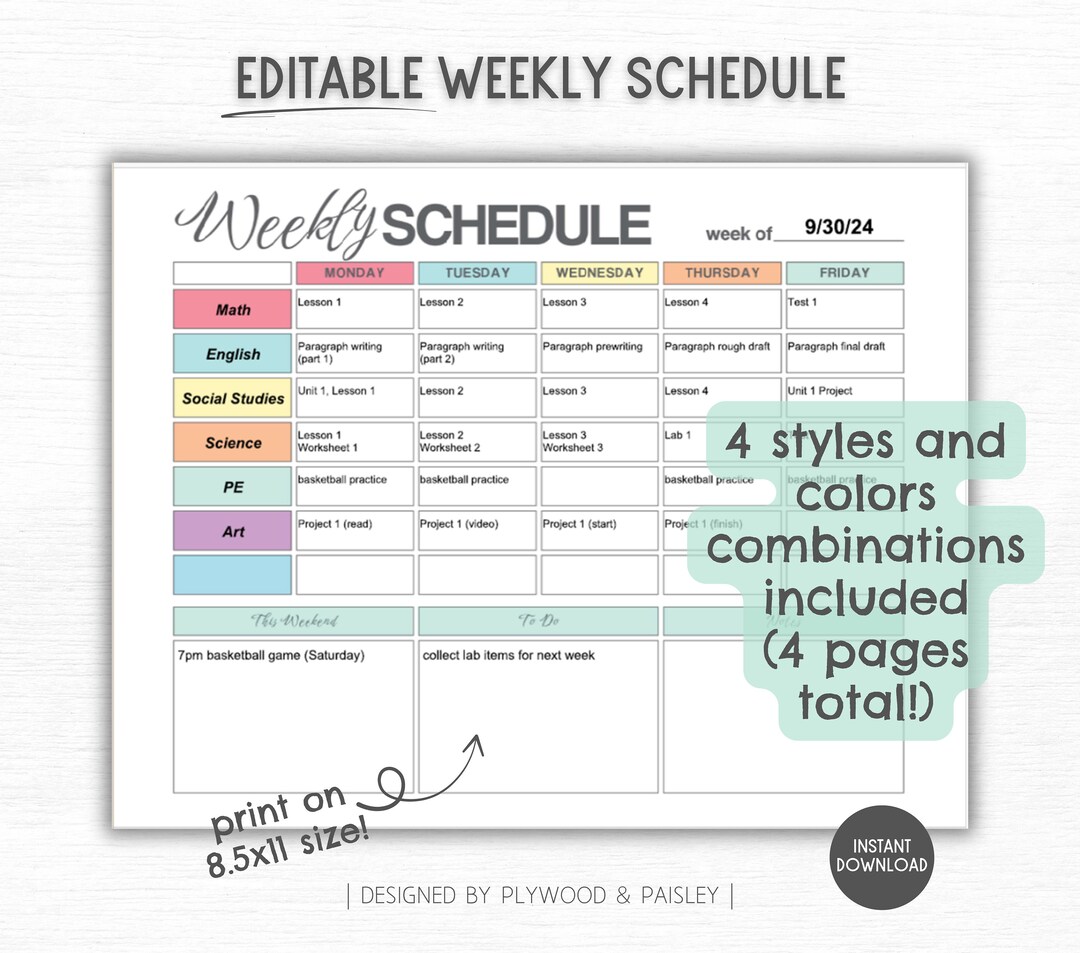 EDITABLE Weekly Schedule, Assignment Planner, Printable, Homeschool ...