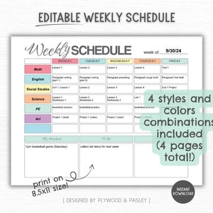 EDITABLE Weekly Schedule, Assignment Planner, Printable, Homeschool ...
