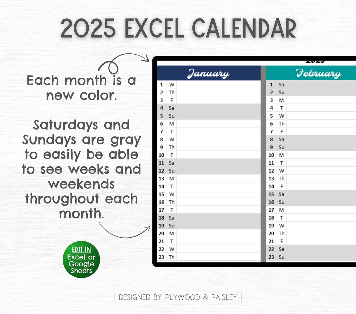 2025 Excel Calendar | Monthly Calendar | 2025 Year Planner | 2025 ...