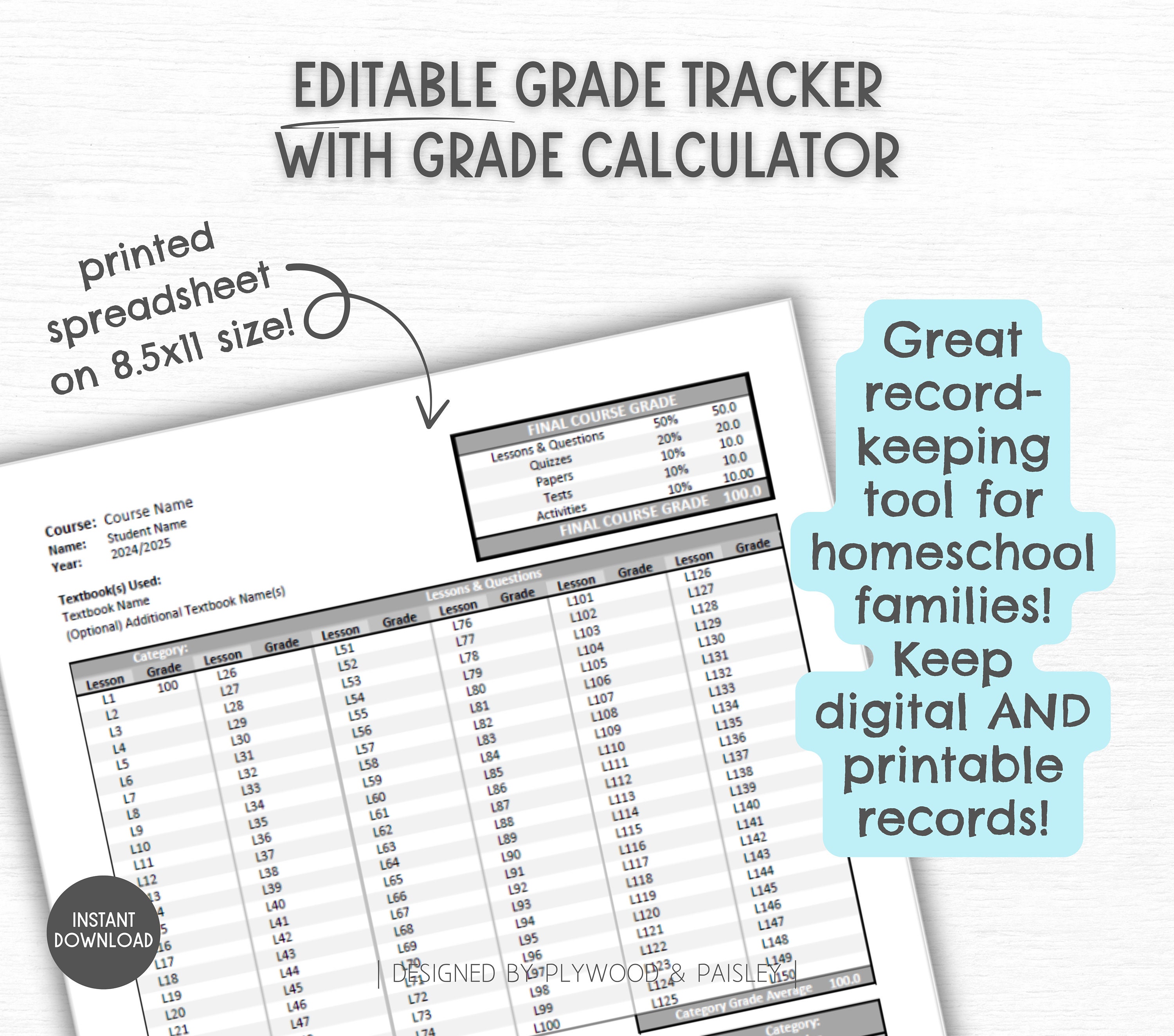 Editable Grade Tracker, Excel Spreadsheet, Academic Planner, Homeschool ...