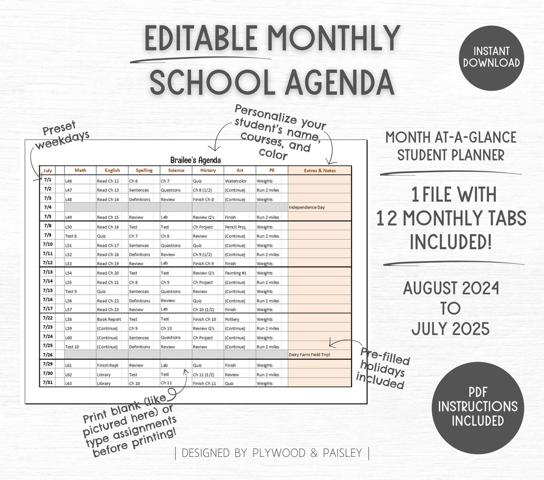 Editable 2024-2025 School Monthly Agenda printable School Planner ...