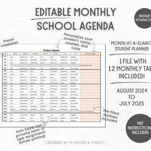 Editable 2024-2025 School Monthly Agenda printable School Planner ...